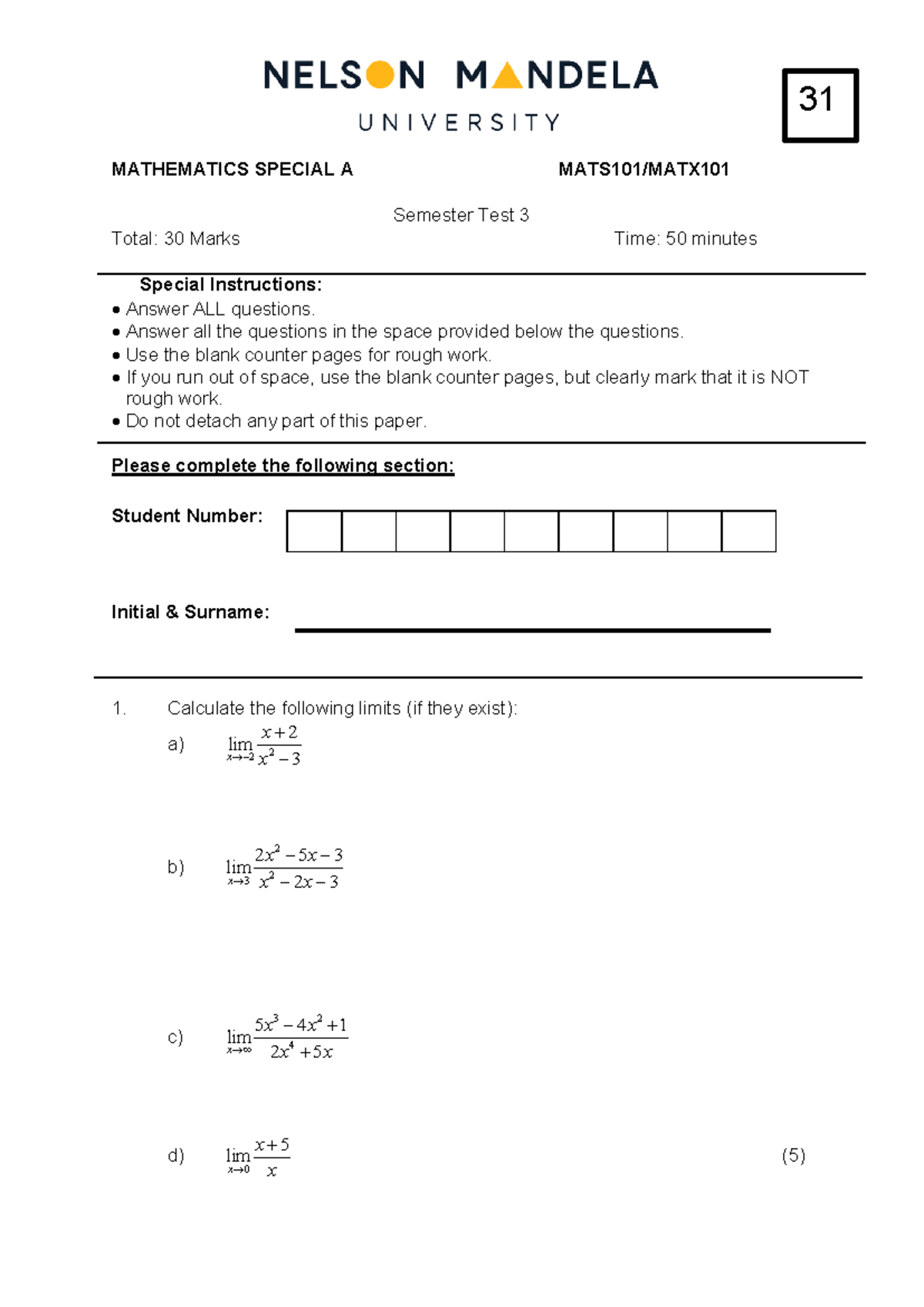 MATS101 Test 3 - Mathematics Past Paper Questions & Solutions - Studocu