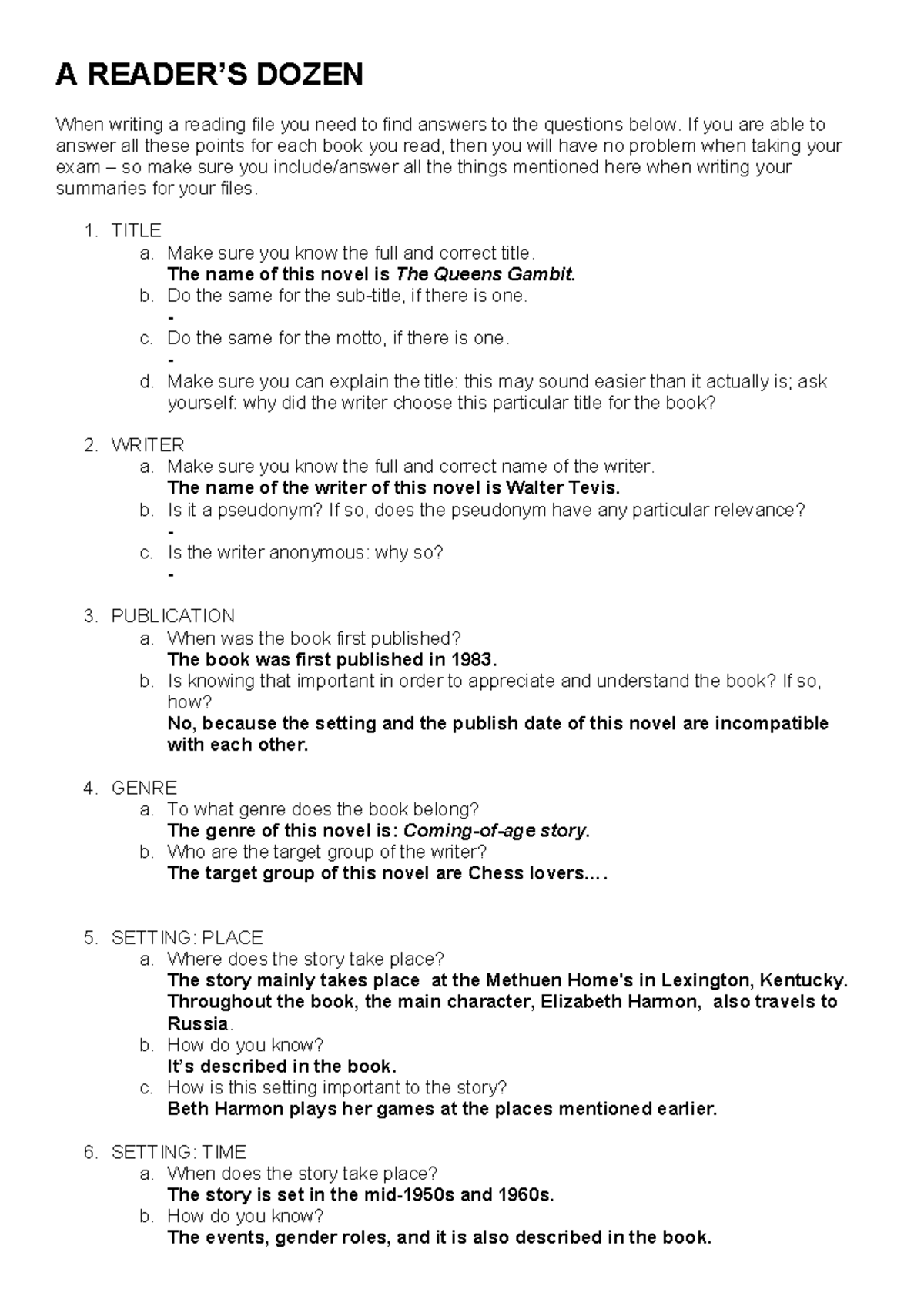A Reader's Dozen: Analysis of The Queen's Gambit (ENG 101) - Studeersnel