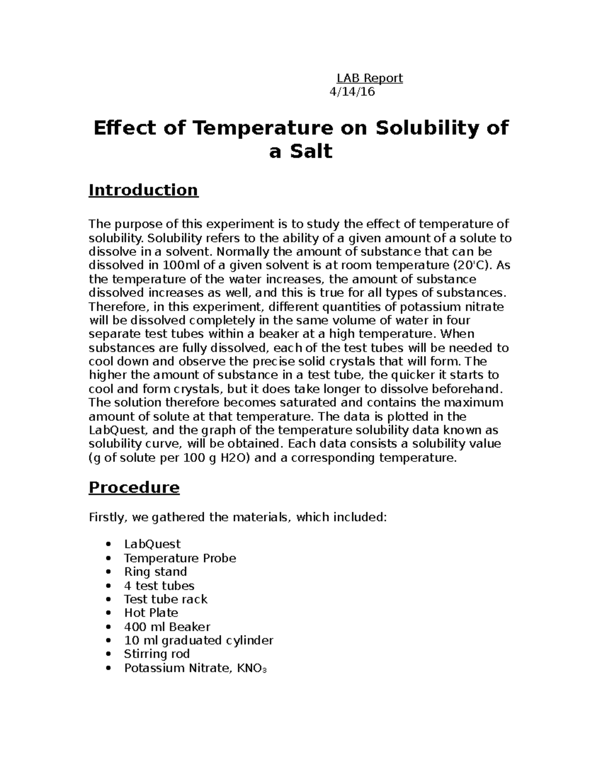 Lab Report: Effects Of Temperature On Solubility Of A Salt - LAB Report ...