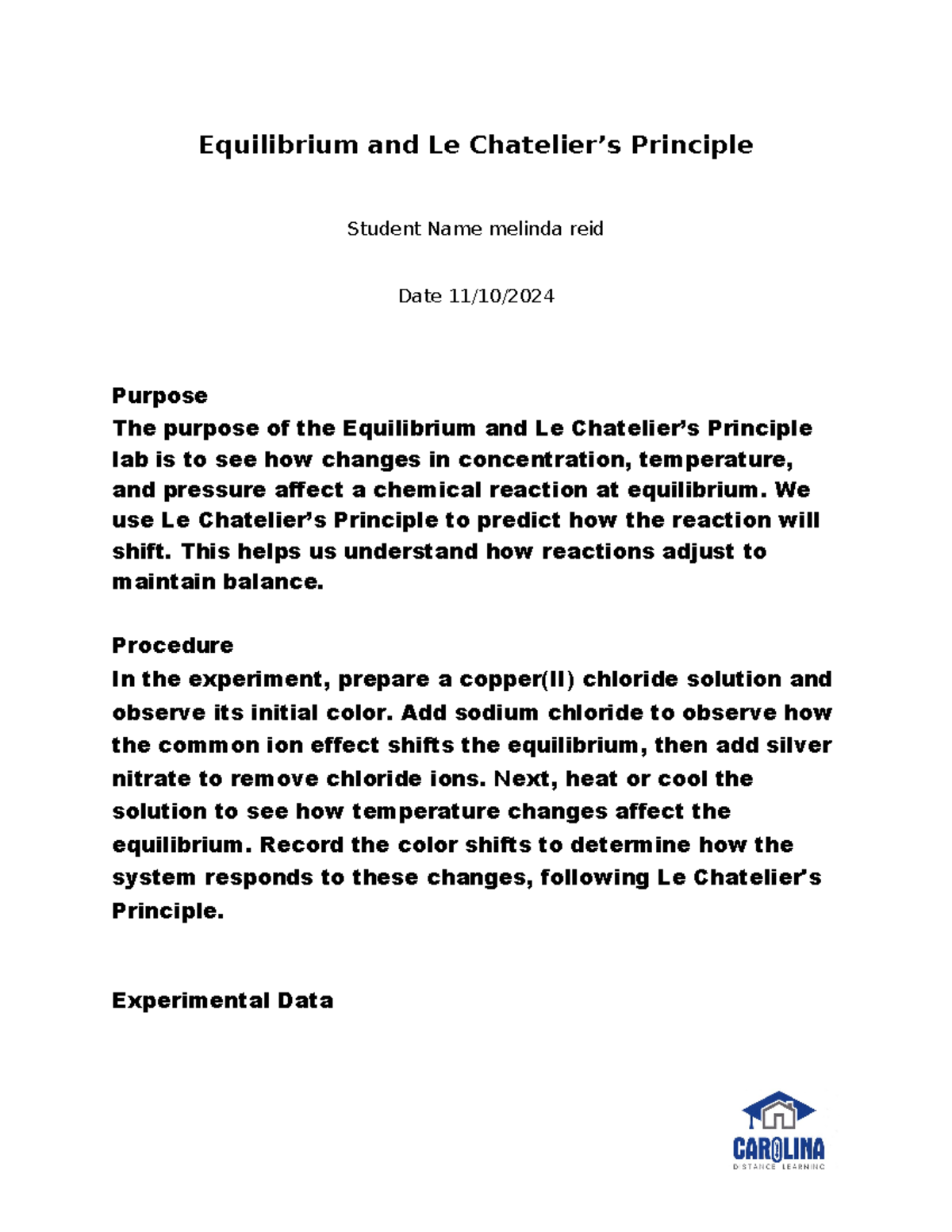 Chem2 Lab report Equilibrium and Le Chateliers Principle - Equilibrium ...