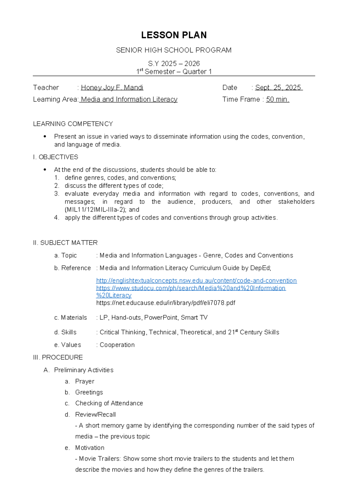DLP MIL CO1 - DLL: Media & Info Literacy Lesson Plan for 1st Sem - Studocu