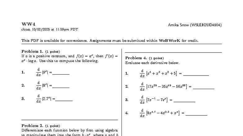 Webwork 4 - MATH V 100B Differential Calculus Problems - Studocu