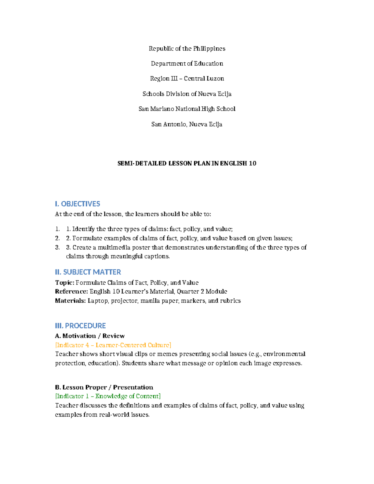 EN10 Lesson Plan: Formulating Claims of Fact, Policy, & Value - Studocu