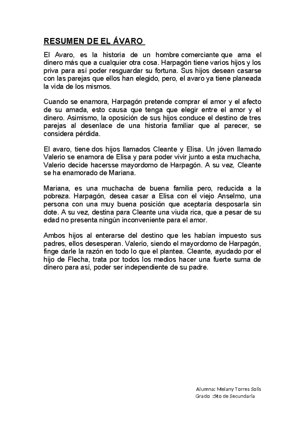 Resumen de la obra "El Avaro" - Análisis literario y críticas - Studocu