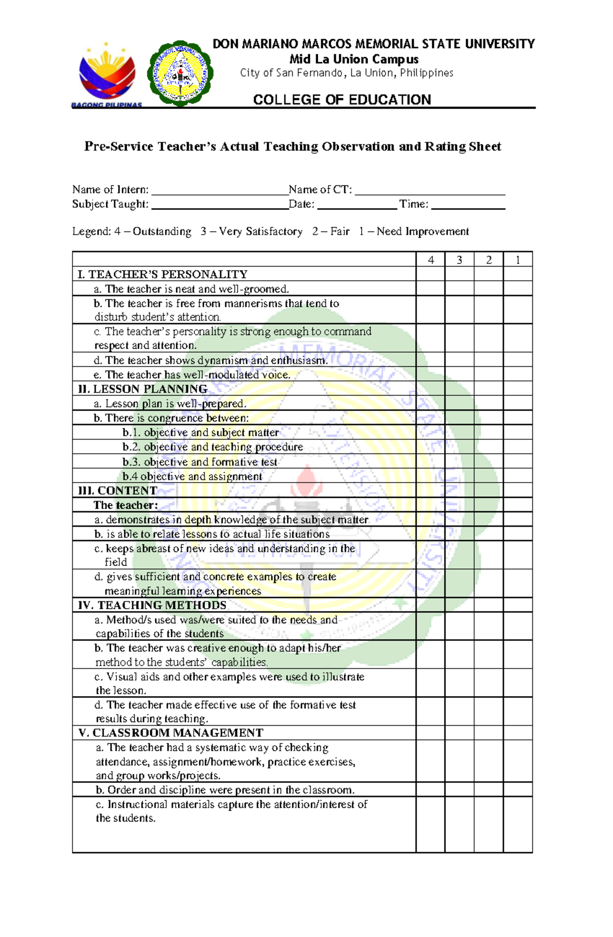 ST Actual Observation Rating Sheet 1 - DON MARIANO MARCOS MEMORIAL ...
