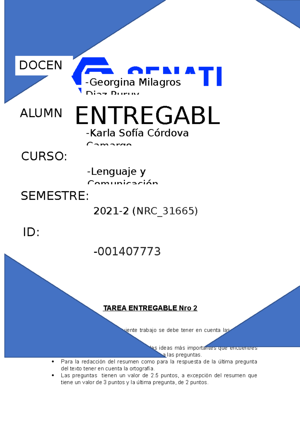 ENTREGABLE N° 02 Lenguaje Y Comunicación - SENATI CICLO I - TAREA ENTREGABLE Nro 2 Estimado ...