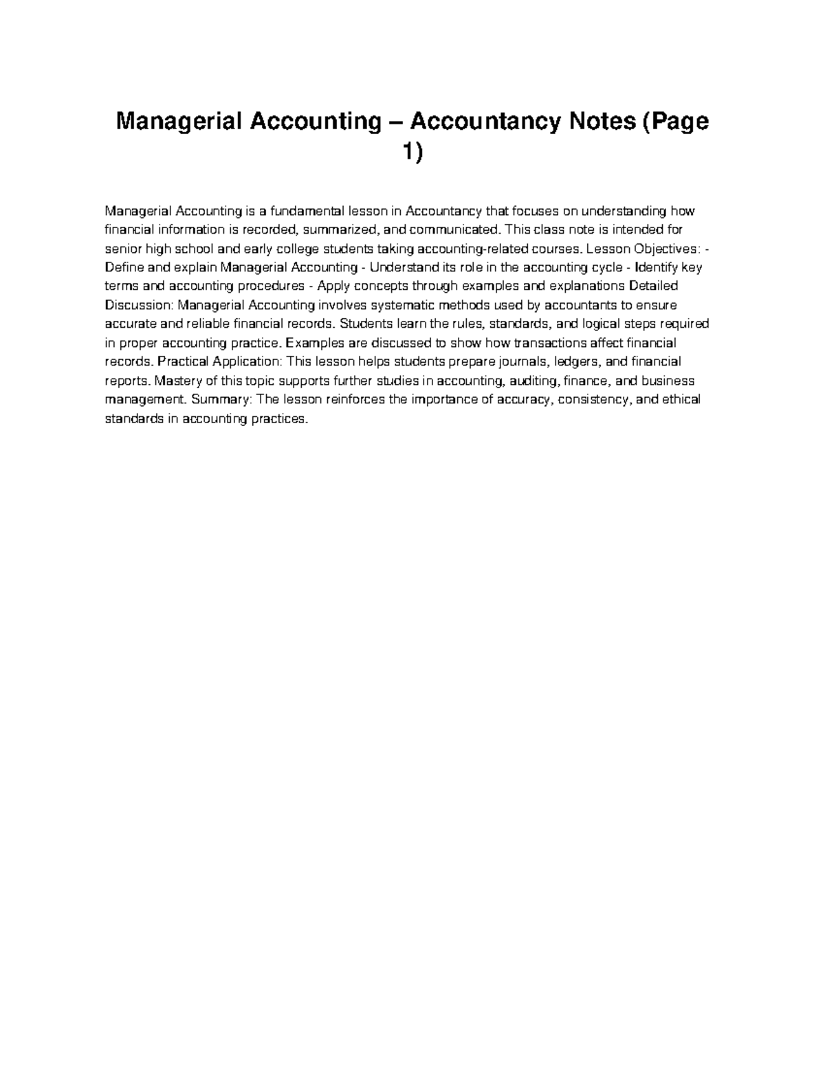 Managerial Accounting Lesson Notes for Accountancy (Page 1) - Studocu