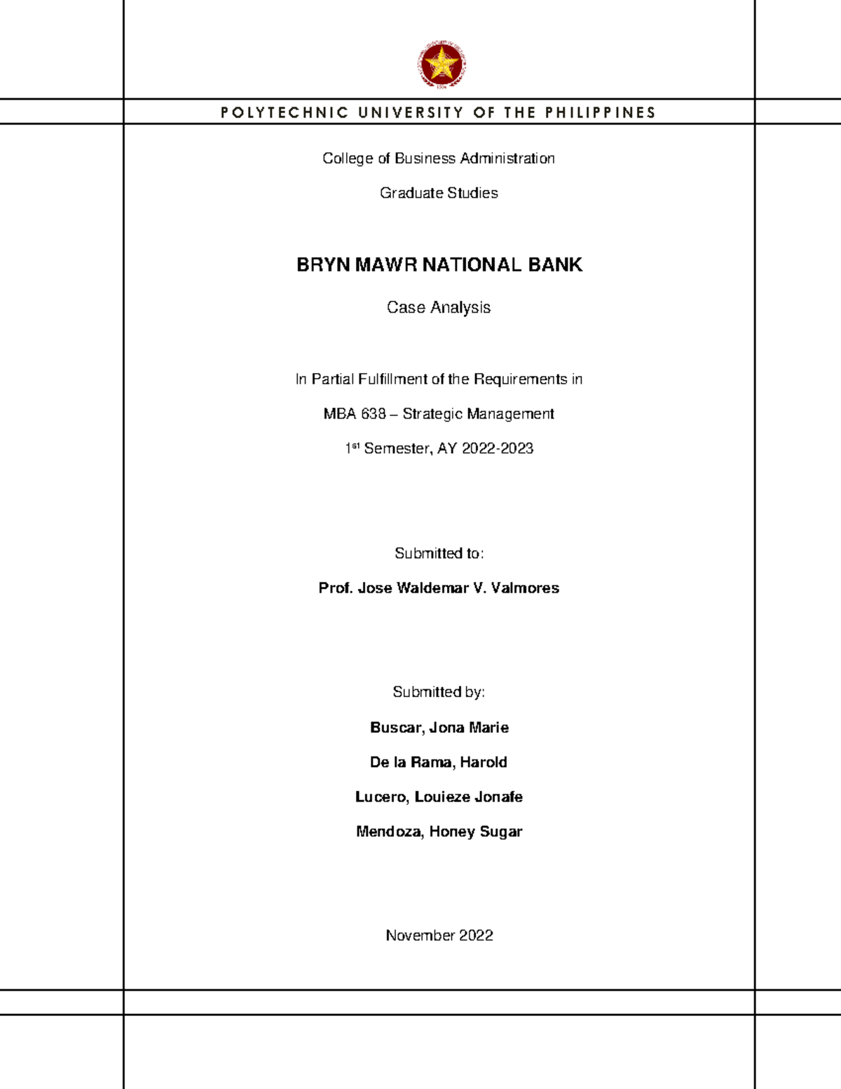 Group 3 Written Case Analysis Bryn Mawr National Bank - College of ...