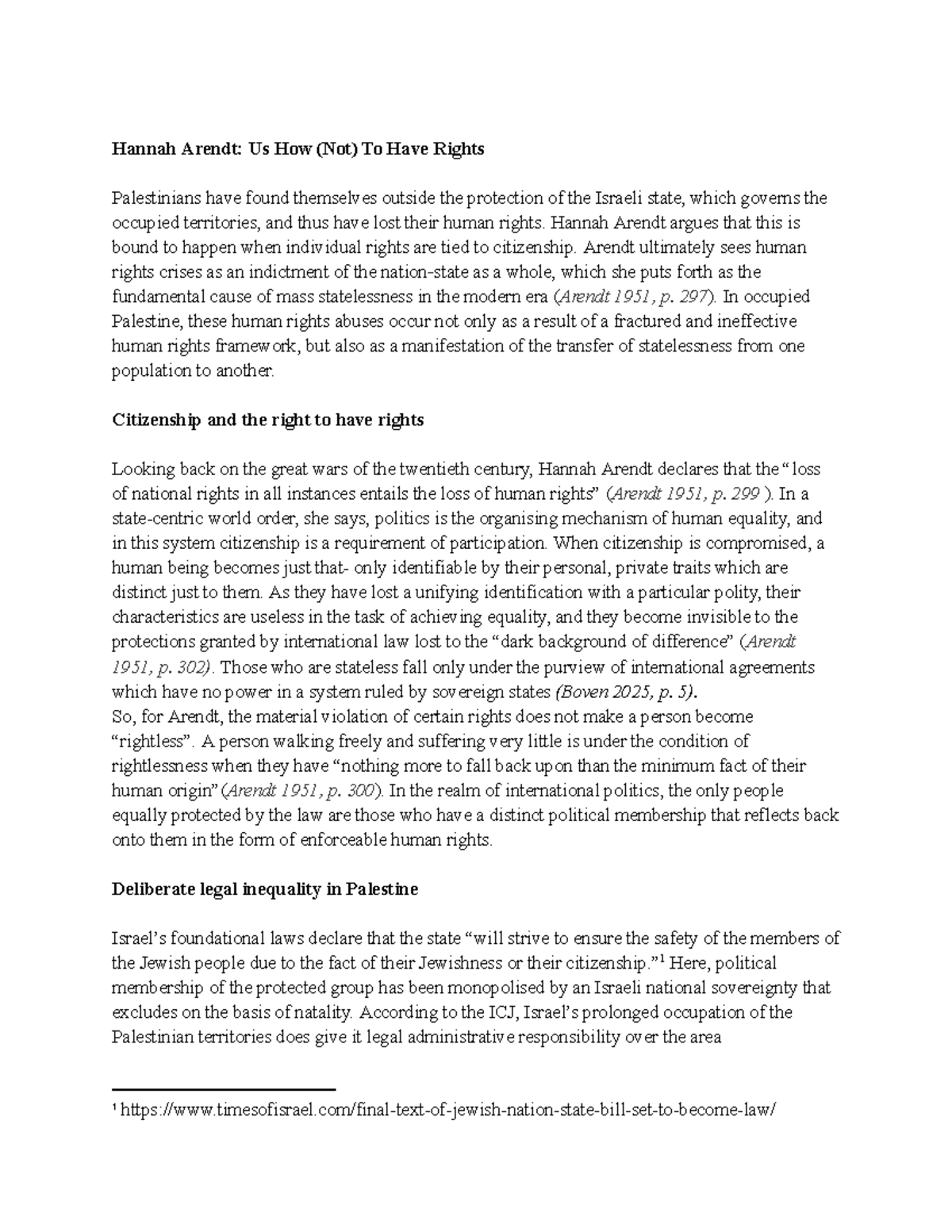 Hannah Arendt: Statelessness and Human Rights in Palestine (POL 401 ...