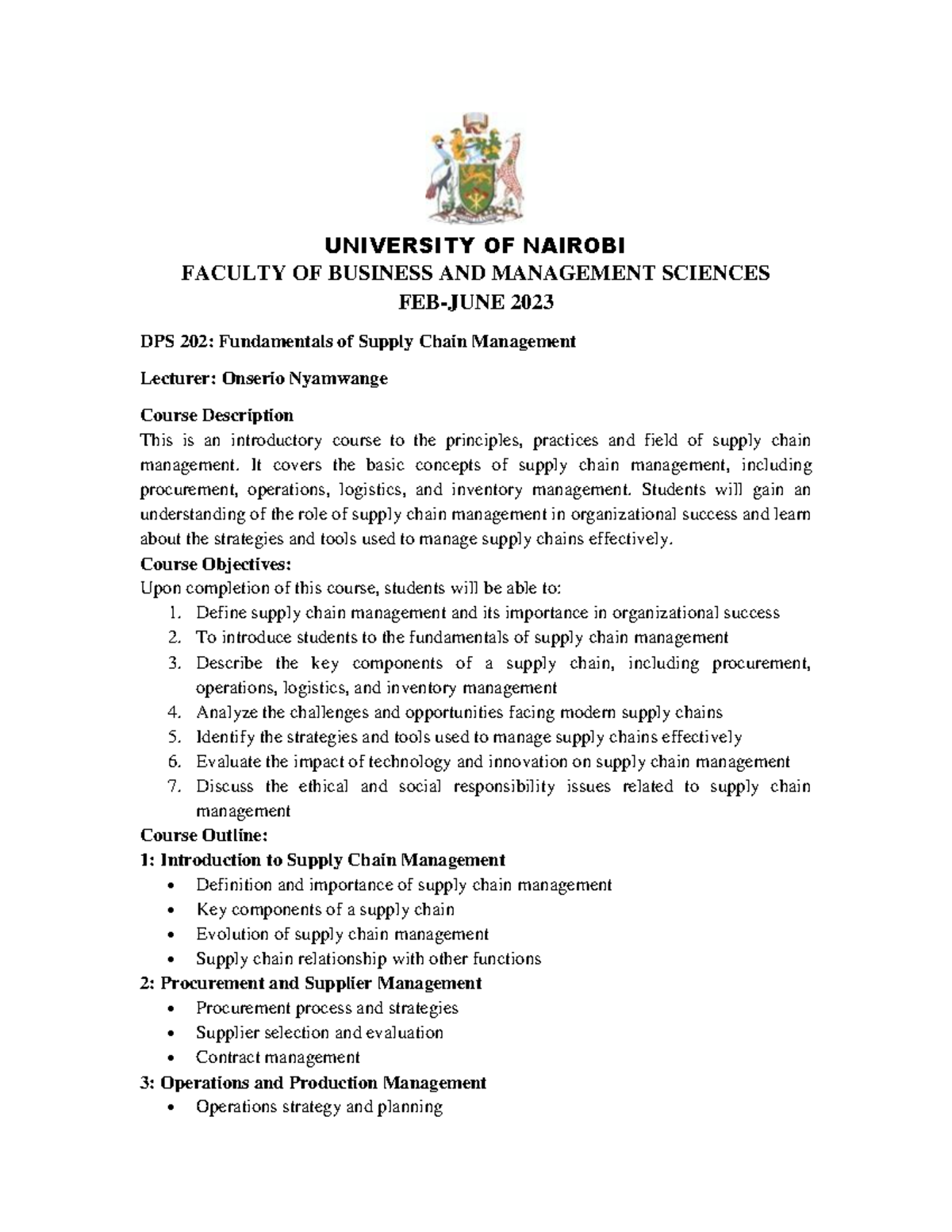 DPS 202: Course Outline for Fundamentals of Supply Chain Management ...