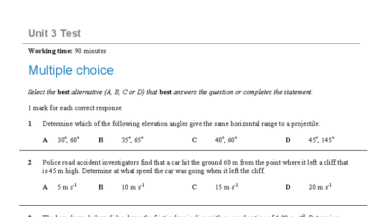 Unit 3 - Cumulative Test: Physics Concepts and Problems - Studocu
