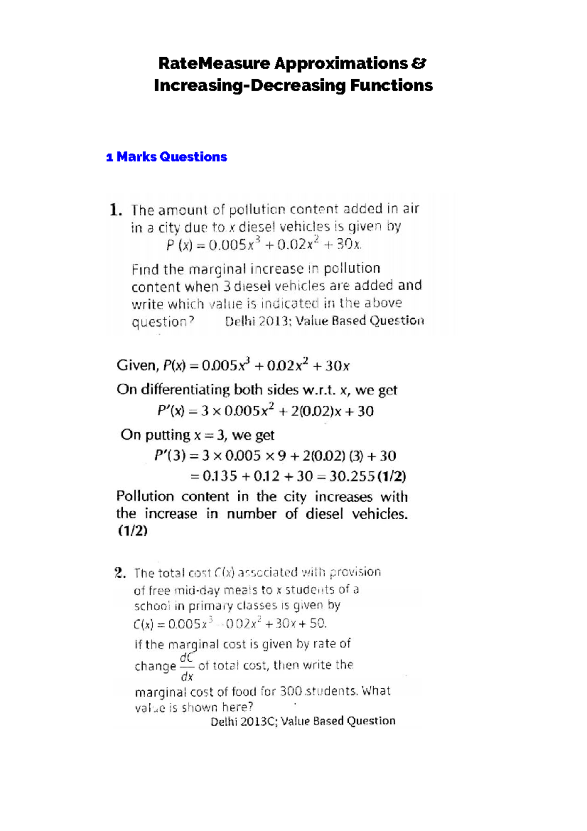 Aod - CBSE - Maths Class 12 - 1 Marks Questions RateMeasure ...