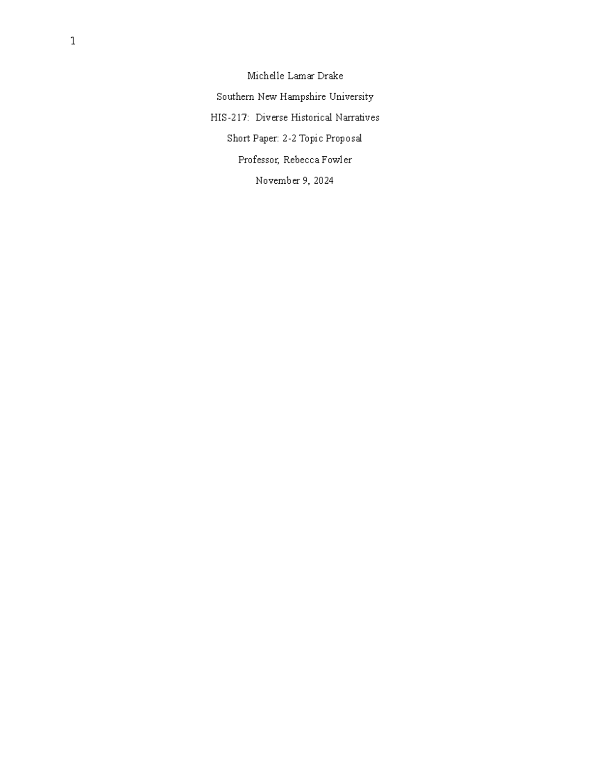MLD-HIS 217-Topic Proposal - Michelle Lamar Drake Southern New ...