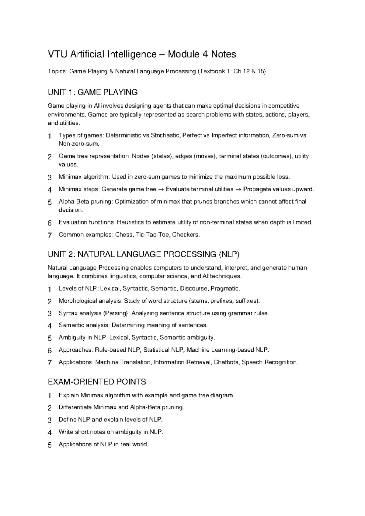 VTU AI Module 4 Notes: Game Playing & NLP Overview - Studocu