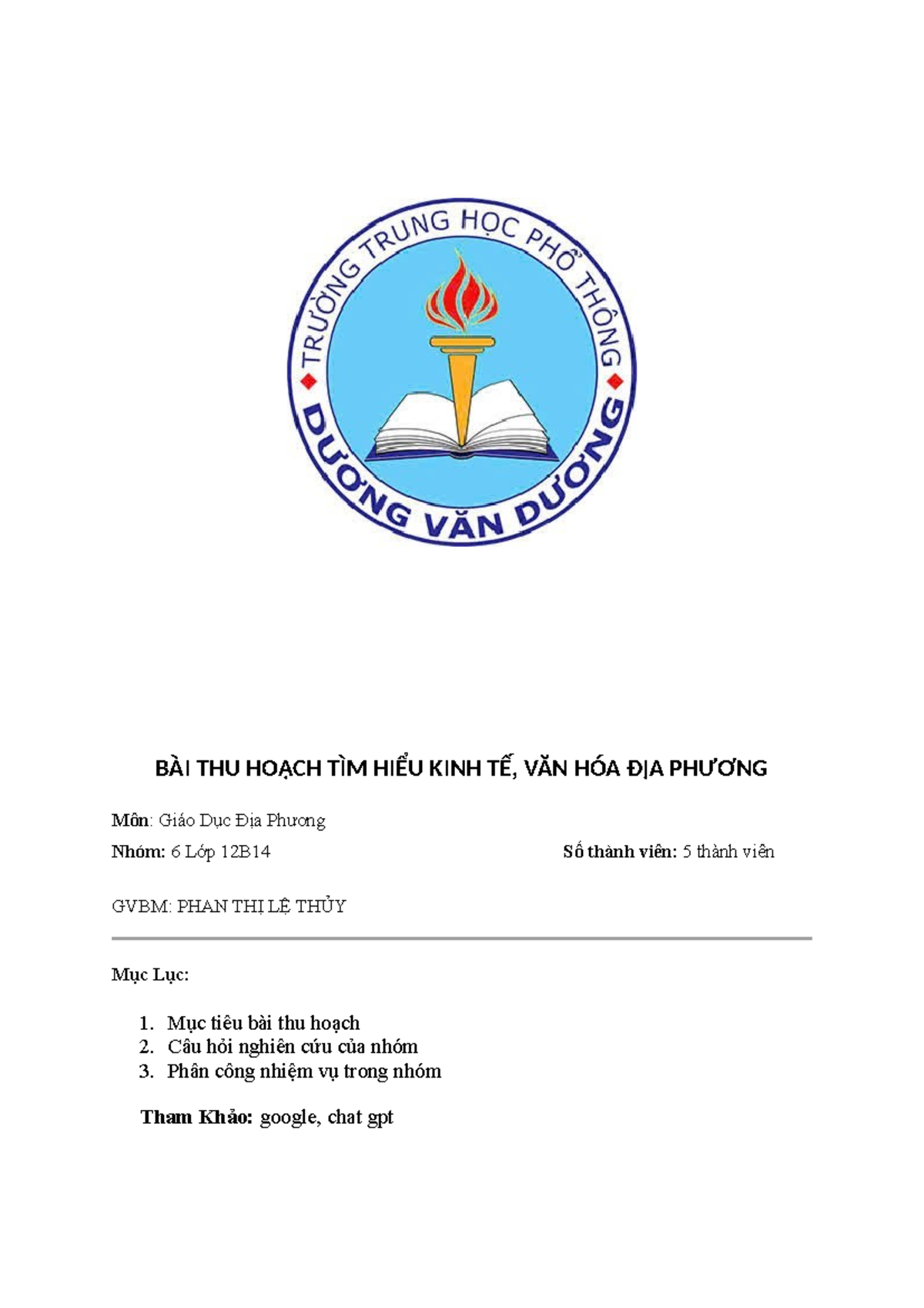 Bài Thu Hoạch Tìm Hiểu Kinh Tế, Văn Hóa Địa Phương - 12B14 Nhóm 6 - Studocu