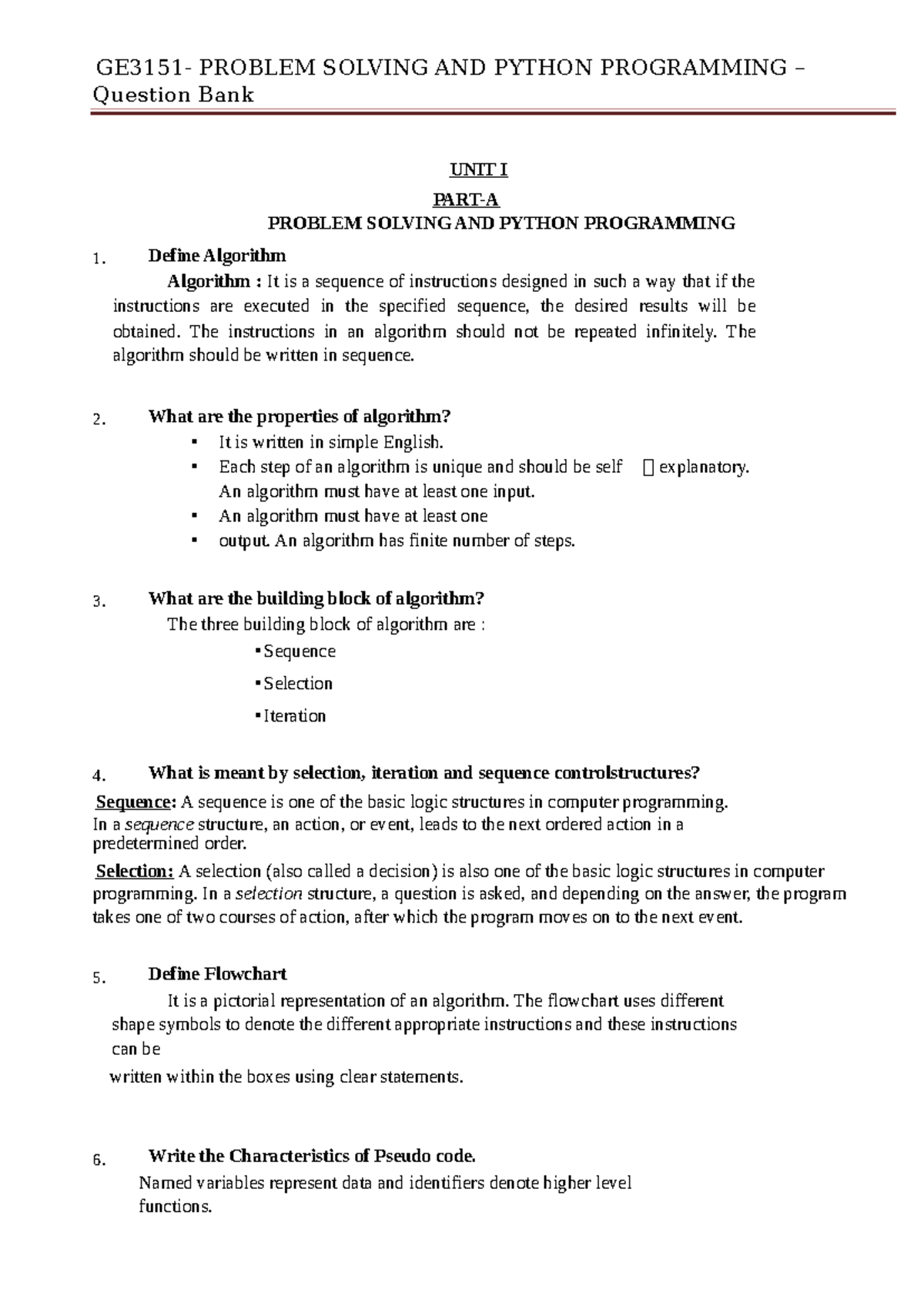 GE3151 - Problem Solving and Python Programming Question Bank - Studocu