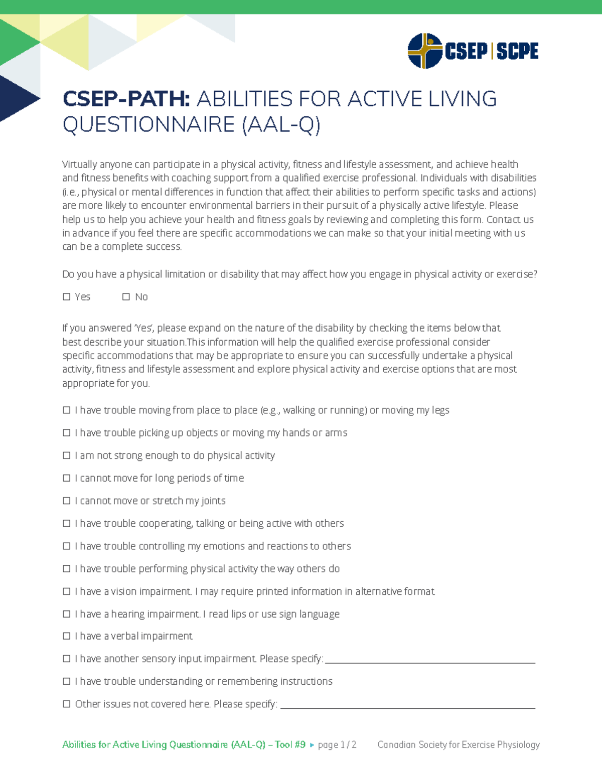 Tool 09 AAL-Q: Abilities for Active Living Questionnaire CSEP-PATH 2021 ...