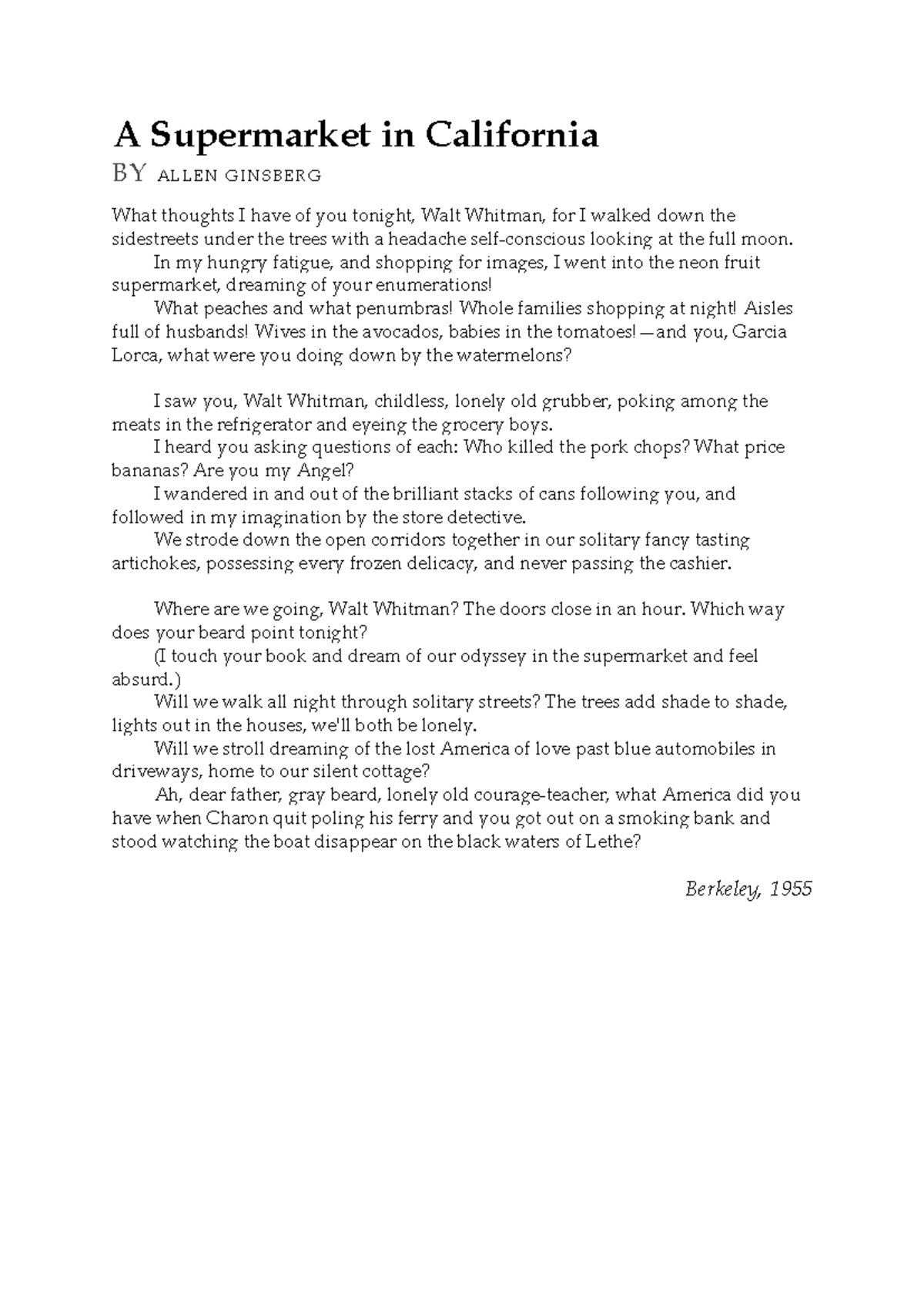 Allen Ginsberg's Poems: A Study of "A Supermarket in California" - Studocu