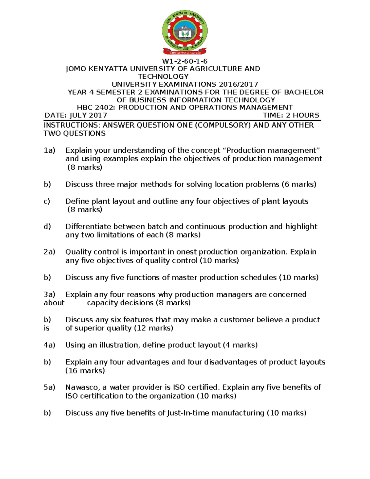 HBC 2402 Final Exam: Production and Operations Management 2017 - Studocu