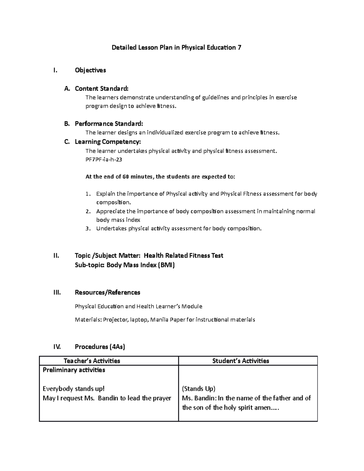 Detailed Lesson Plan for PE 7: Health-Related Fitness & BMI - Studocu
