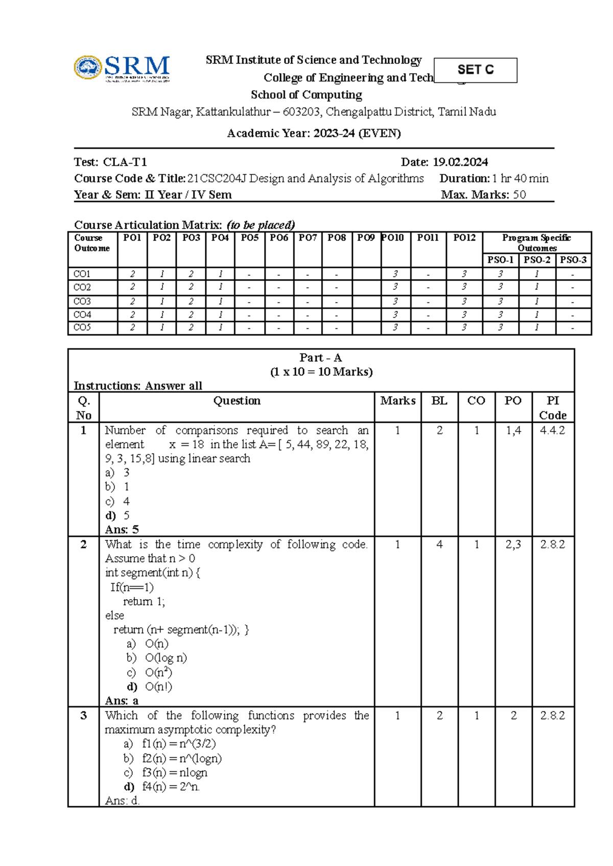 DAA CT1 SET C Answer Key - ques papter ct 1 - SRM Institute of Science ...