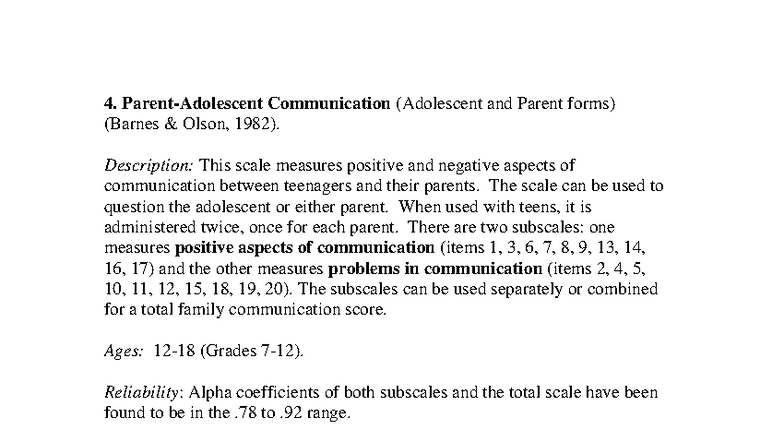 4. Communication Scale: Adolescent & Parent Forms (Barnes Olson, 1982 ...