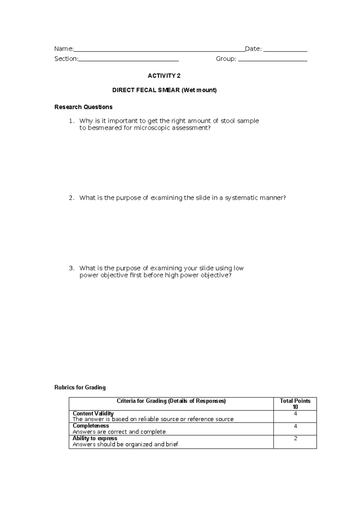 Activity 2: Direct Fecal Smear (Wet Mount) - Research Questions ...