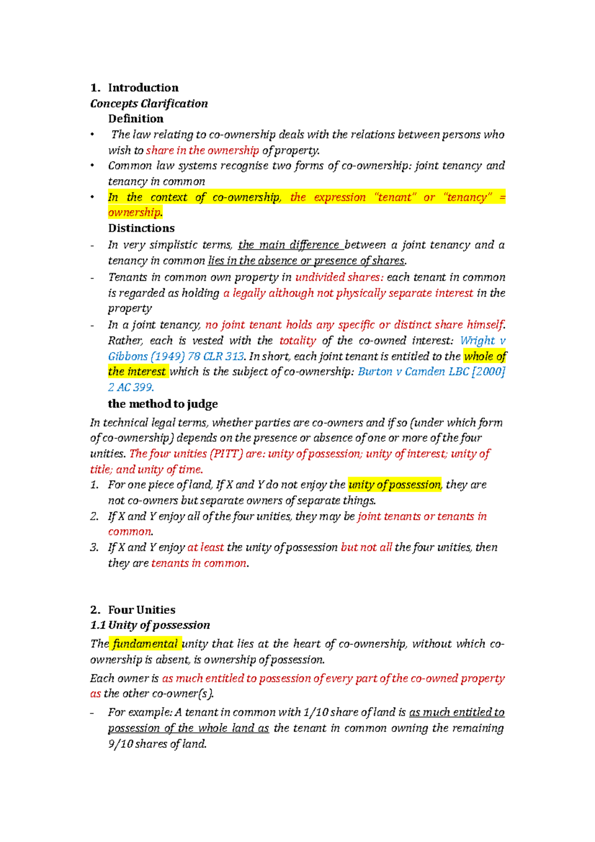 Co-Ownership Law Summary: Key Concepts and Four Unities Explained - Studocu