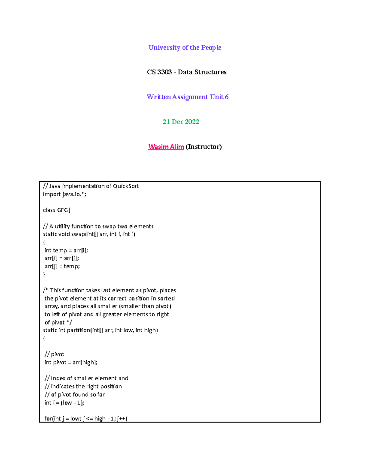 Written Assignment Unit 6 - University of the People CS 3303 - Data Structures Written ...