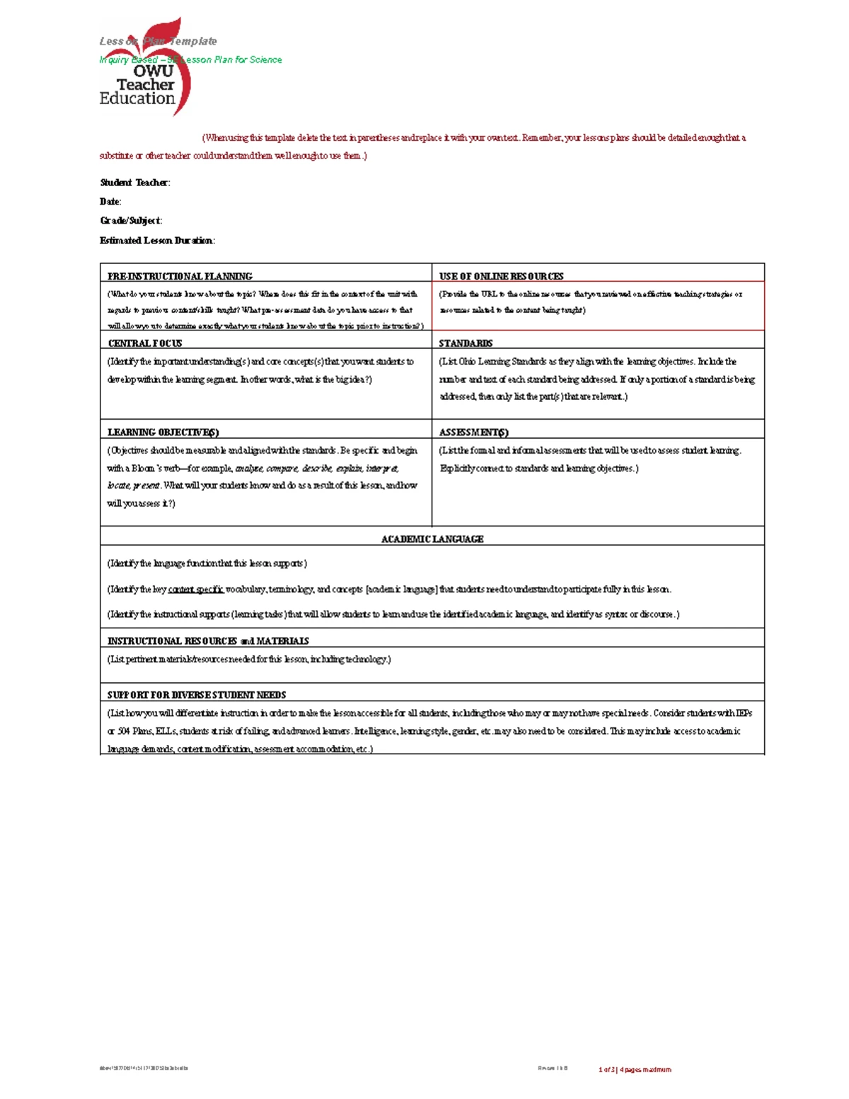 5E Inquiry-Based Science Lesson Plan Template - Studocu