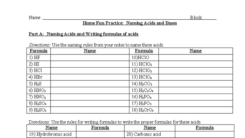 Naming Acids and Bases Worksheet: Practice & Formulas - Studocu