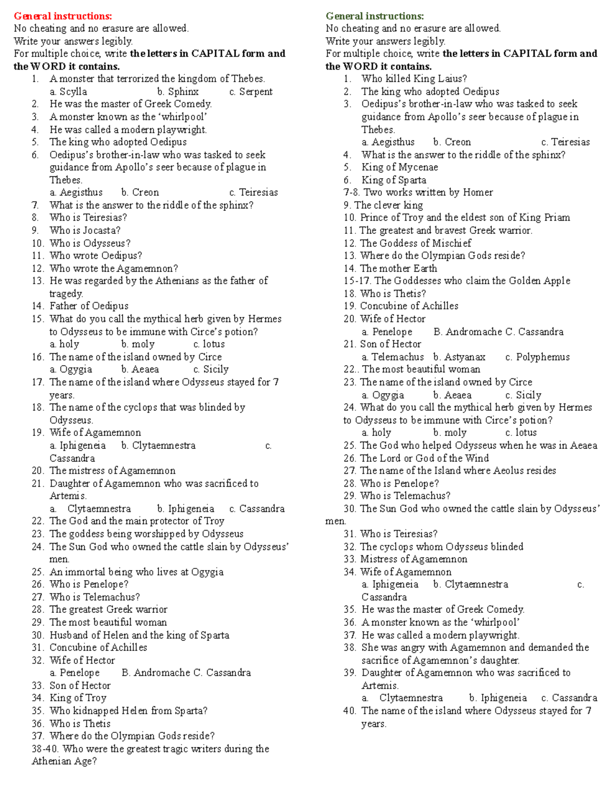 Long Quiz: Greek Mythology Situational Questions (Course Code: GRE101 ...