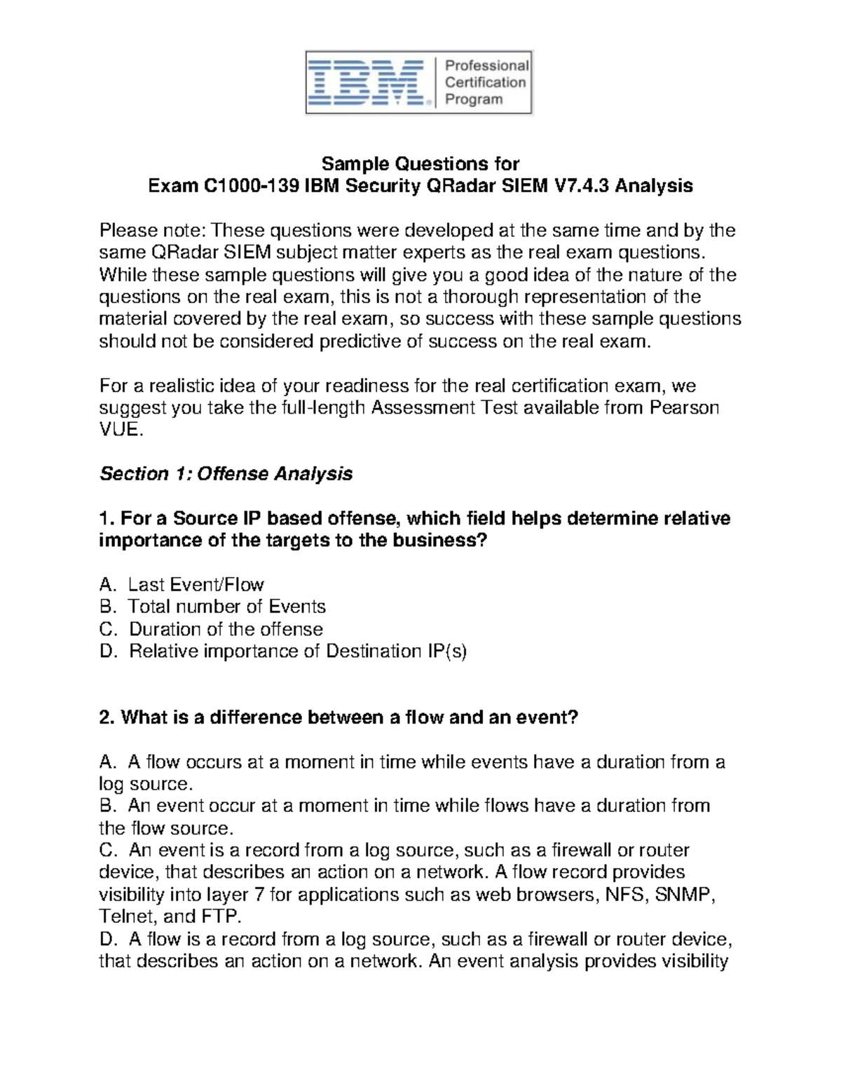 C1000-139 Sample Exam Questions for IBM Security QRadar SIEM - Studocu