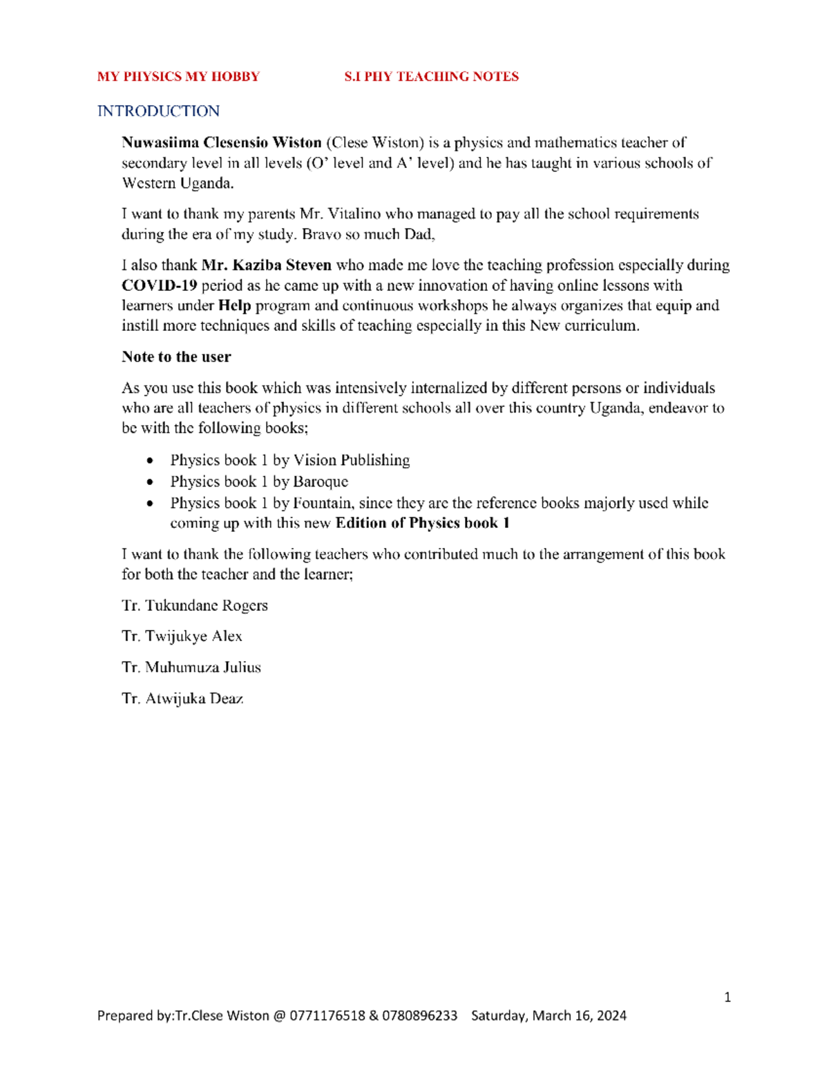 S.1 PHY TEACHING NOTES: Comprehensive Guide to Physics Concepts - Studocu