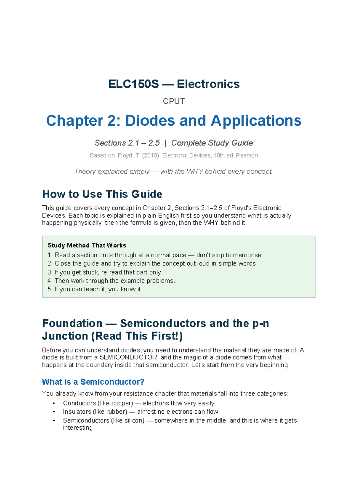 ELC150S Chapter 2: Diodes Study Guide Based on Floyd's Electronic ...