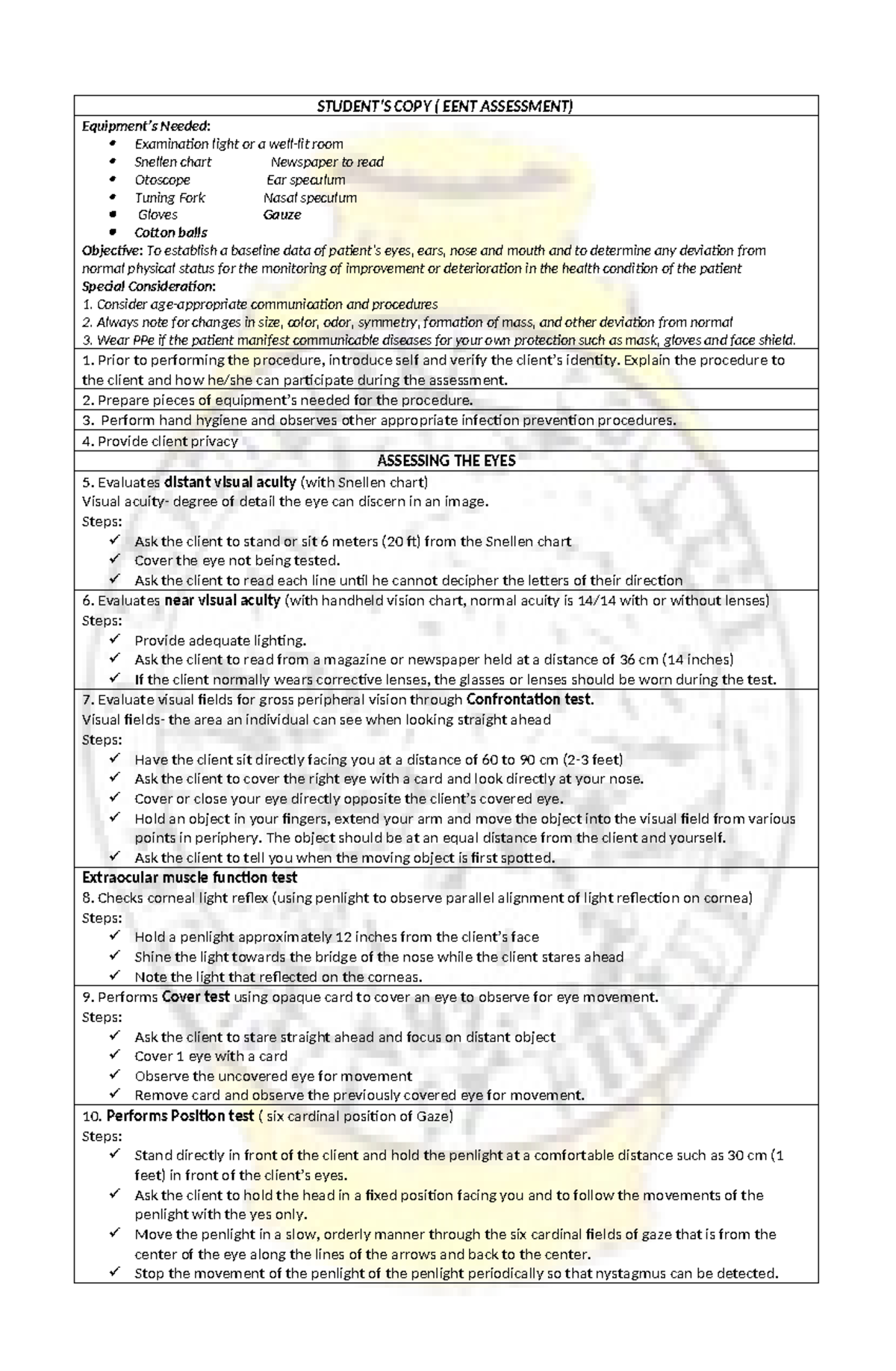 EENT Assessment Checklist for Students: A Comprehensive Guide - Studocu