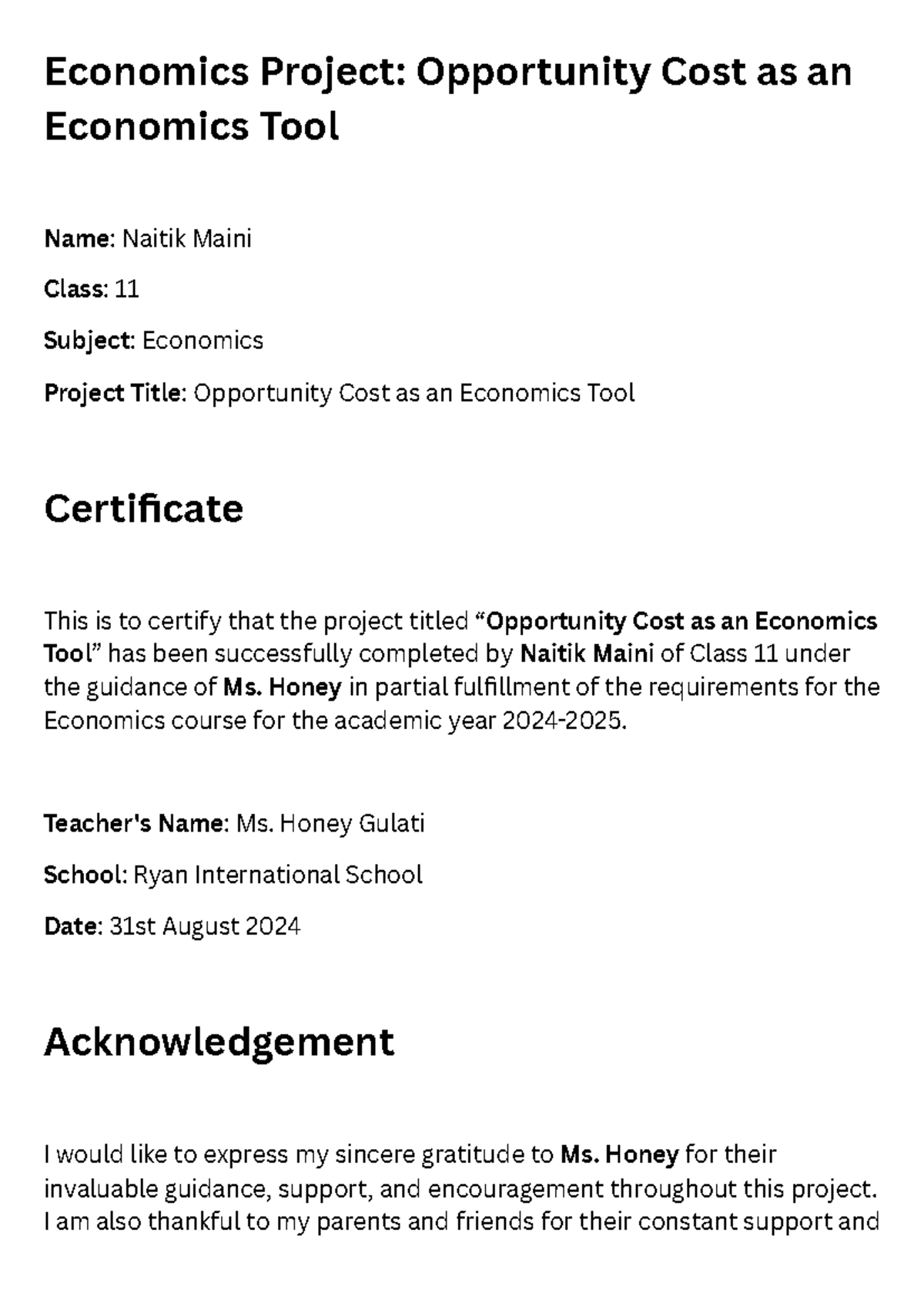 Class 11 Economics Project: Opportunity Cost Analysis 20240831 - Studocu
