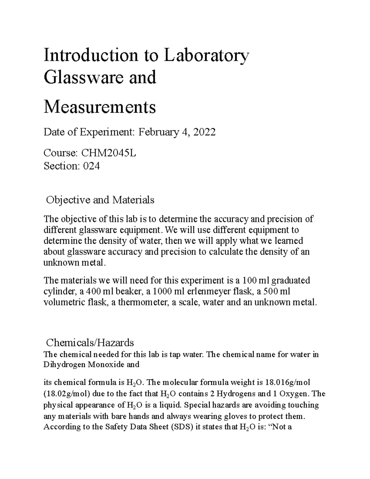 Pre lab 1 - pre lab 1 - Introduction to Laboratory Glassware and ...