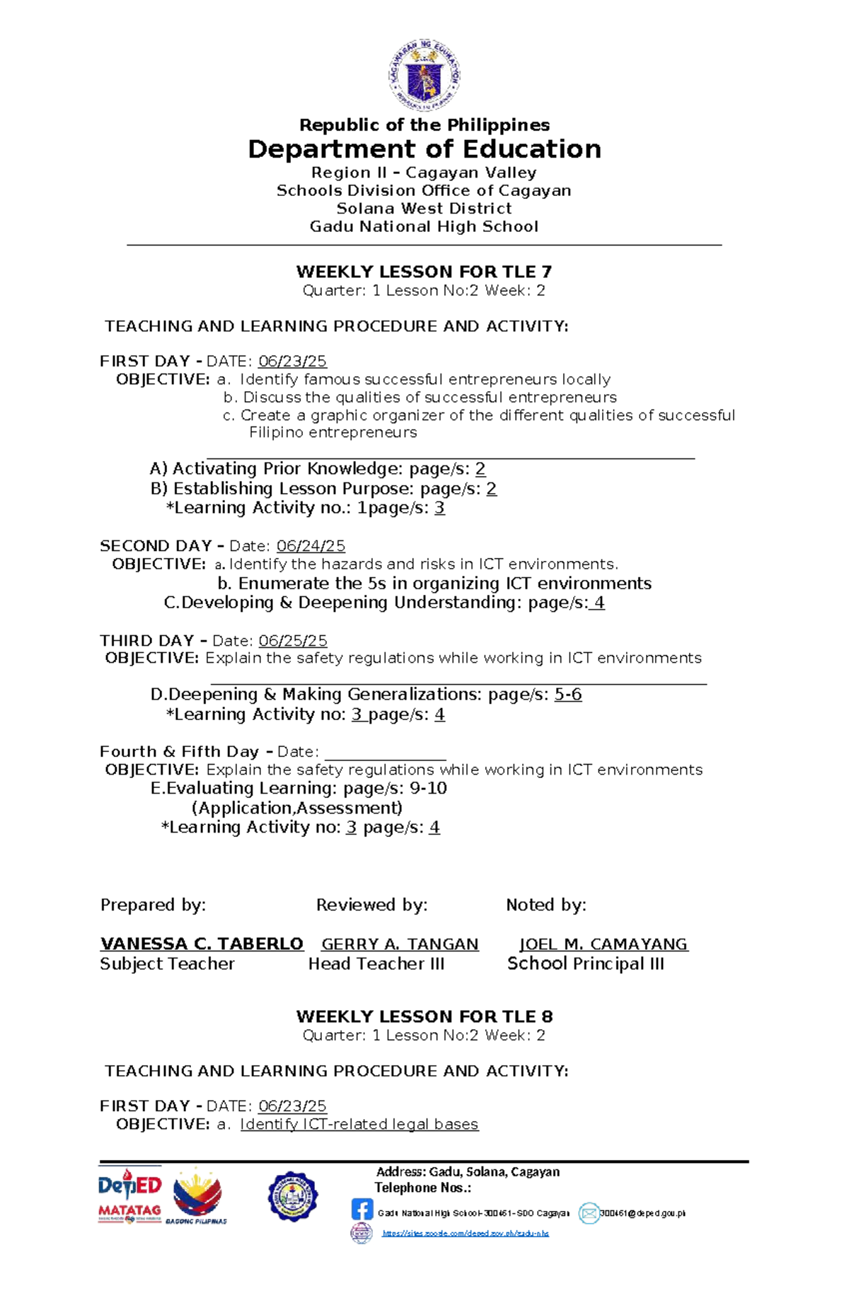 WEEKLY LESSON PLANS FOR TLE 7 & 8 Q1: Lessons 2-6 - Studocu