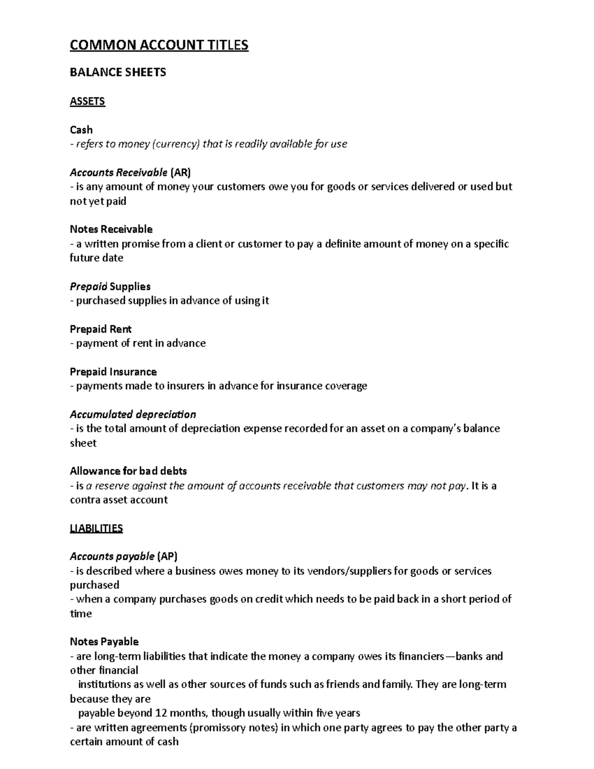 Common Account Titles - COMMON ACCOUNT TITLES BALANCE SHEETS ASSETS ...