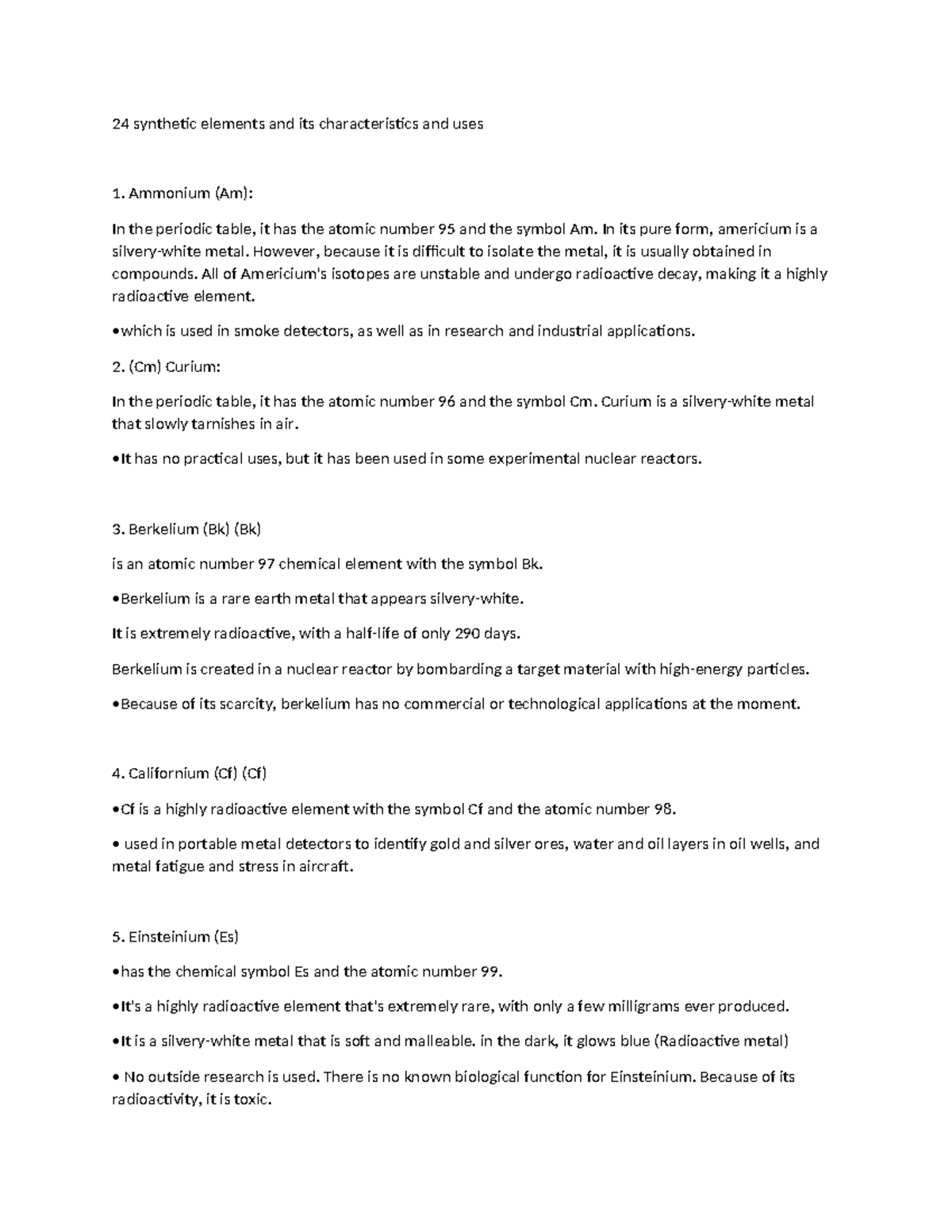 Synthetic Elements: Characteristics and Uses of 24 Elements (Chem 101 ...