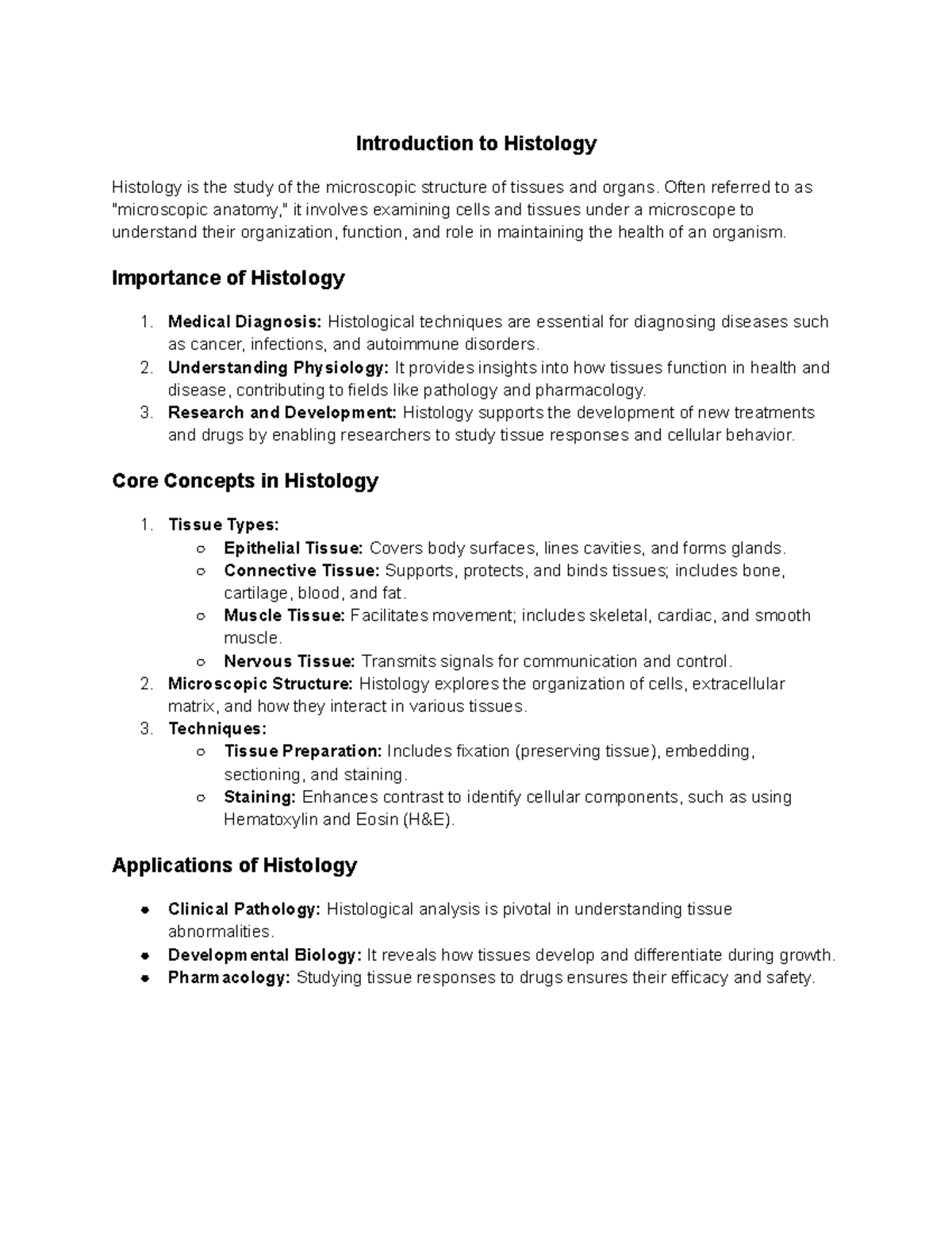 Introduction to Histology: Key Concepts and Applications - Studocu
