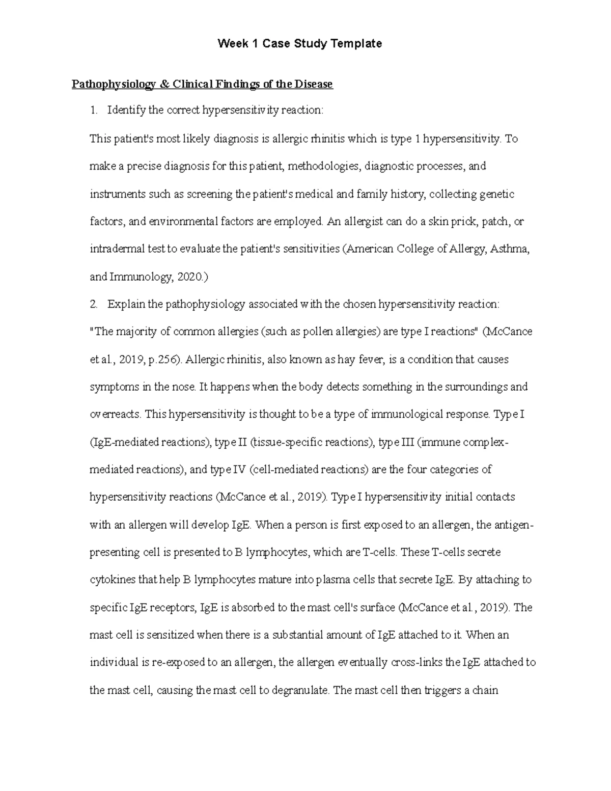 Week 1 Case Study: Type I Hypersensitivity & Clinical Findings - Studocu