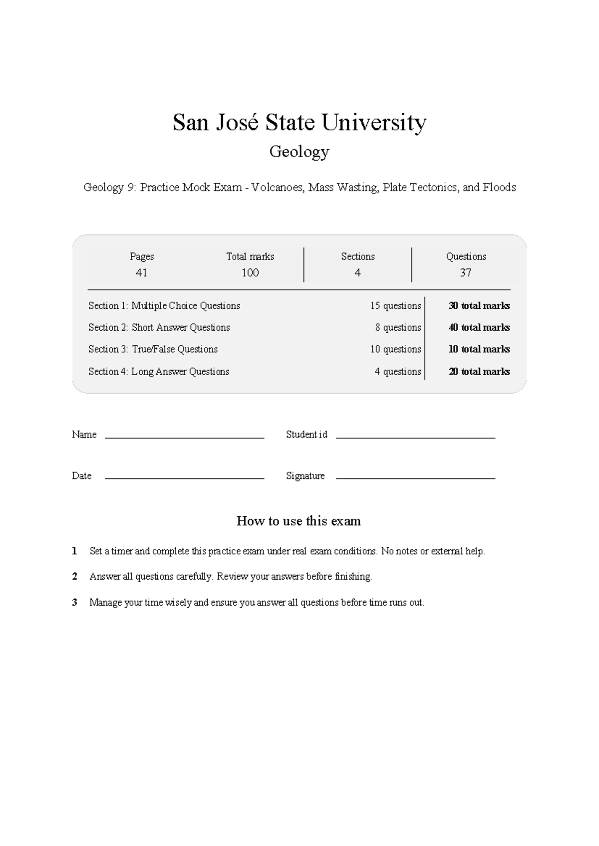 GEOL 9: SJSU Practice Mock Exam on Volcanoes, Mass Wasting & Plate ...