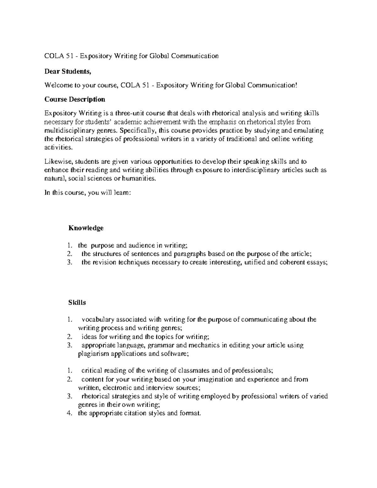COLA 51: Expository Writing - Modules for Global Communication - Studocu