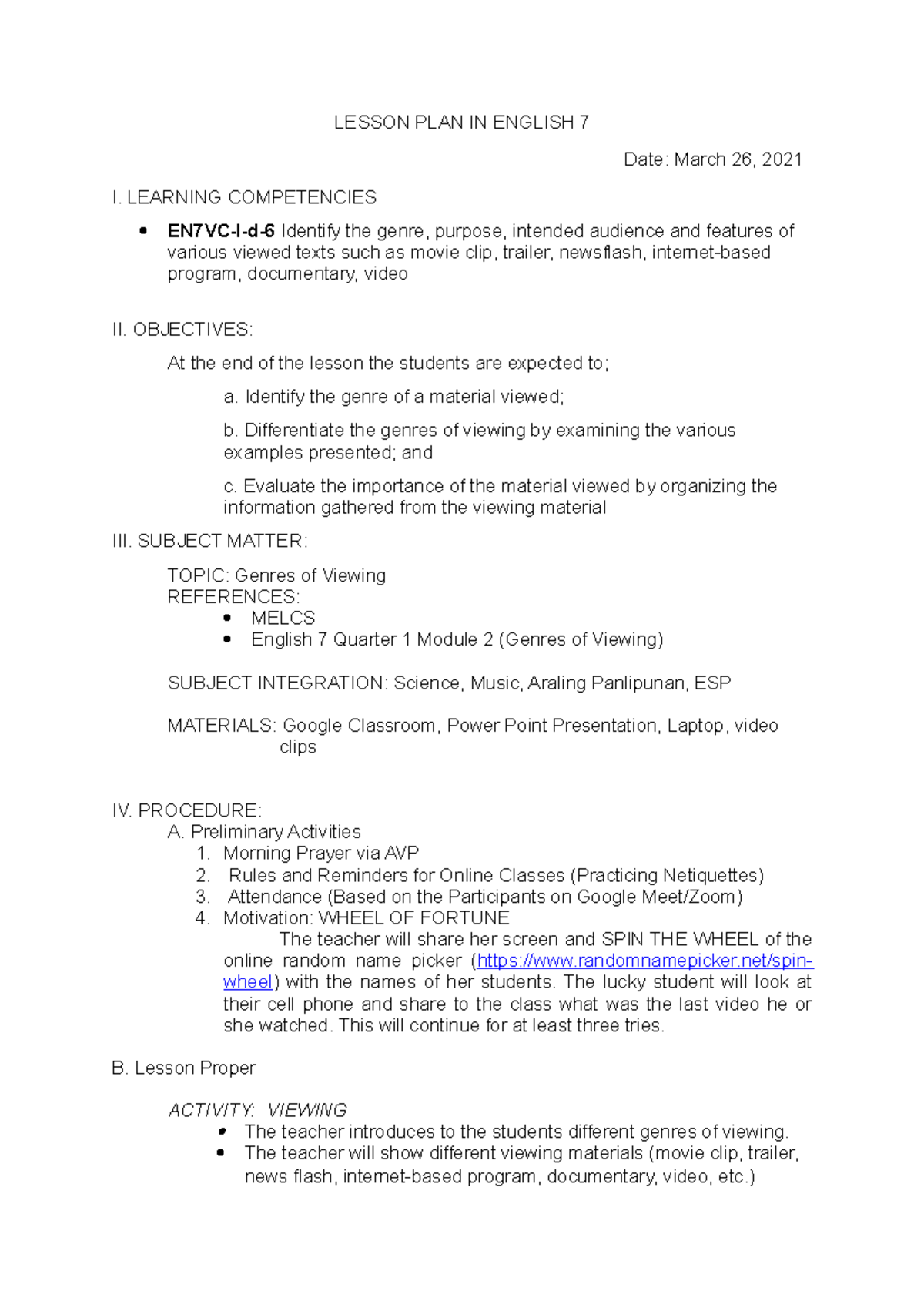Lesson PLAN IN English 7 COT 1 2021 Synchronous Teaching - LESSON PLAN ...