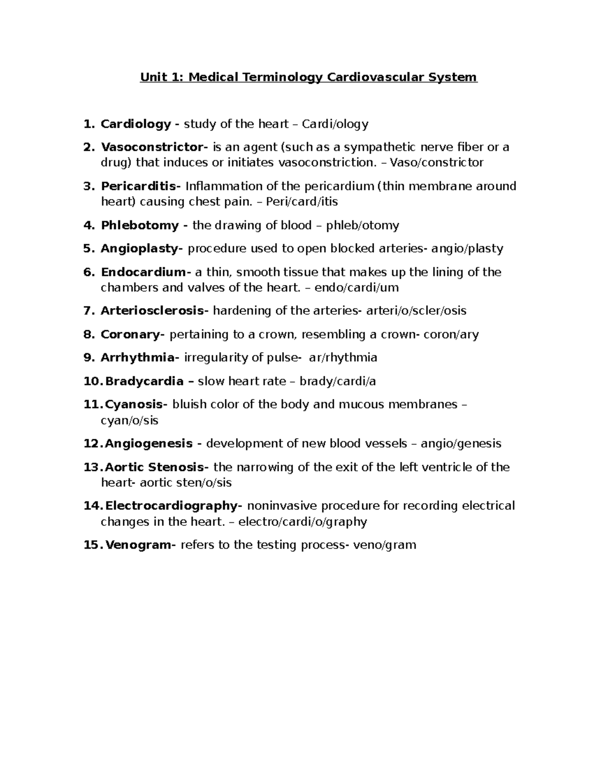 Cardiovascular System - Unit 1: Medical Terminology Cardiovascular ...