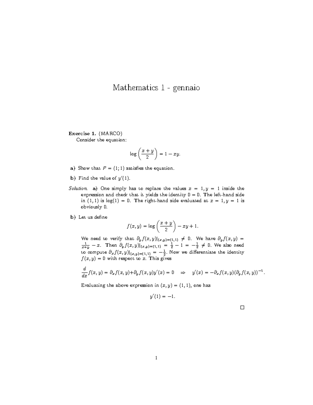 Mathematics 1 Gennaio Exercises and Solutions (MARCO) - Studocu