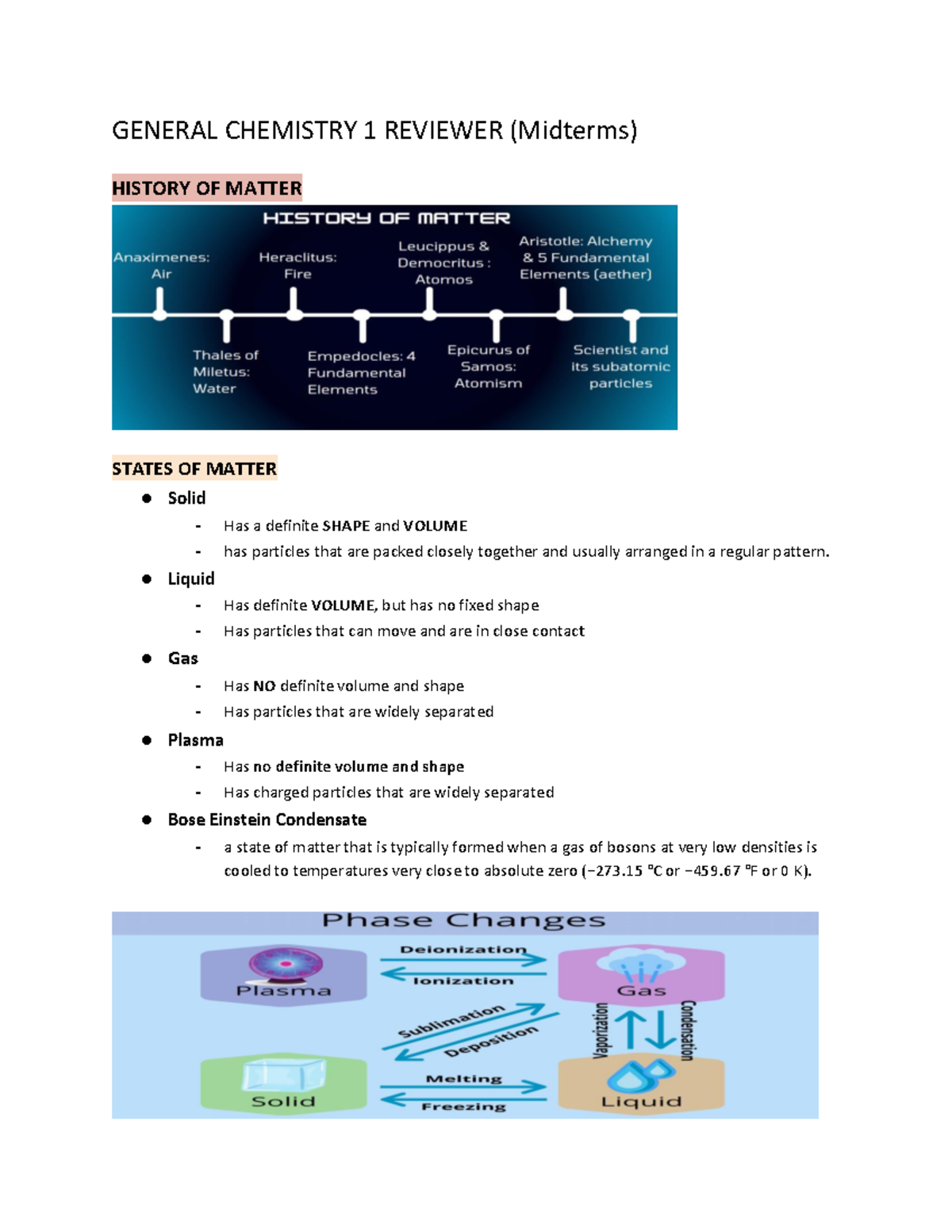 GENERAL CHEMISTRY 1 MIDTERM REVIEWER: STATES & PROPERTIES OF MATTER ...