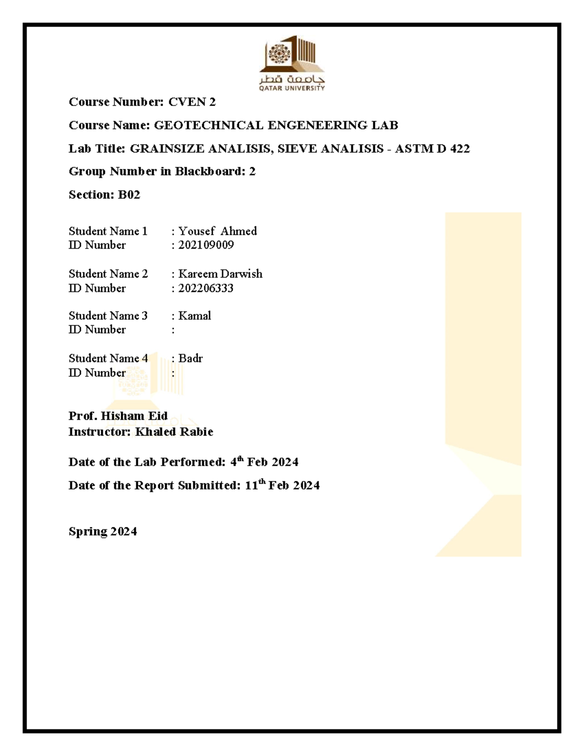 CVEN 230 Geotechnical Engineering Lab: Grain Size Analysis Report - Studocu